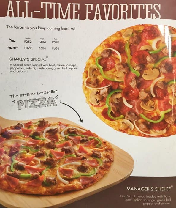 Menu at Shakey’s (Quirino Highway) fast food, Manila