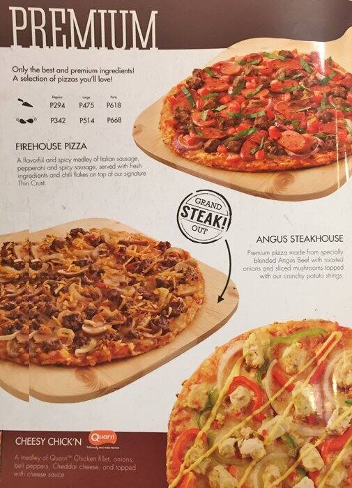 Menu at Shakey’s (Quirino Highway) fast food, Manila