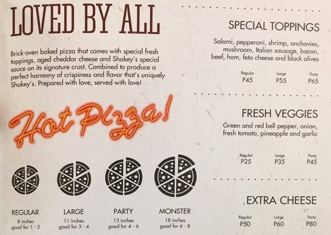 Menu at Shakey’s (Quirino Highway) fast food, Manila