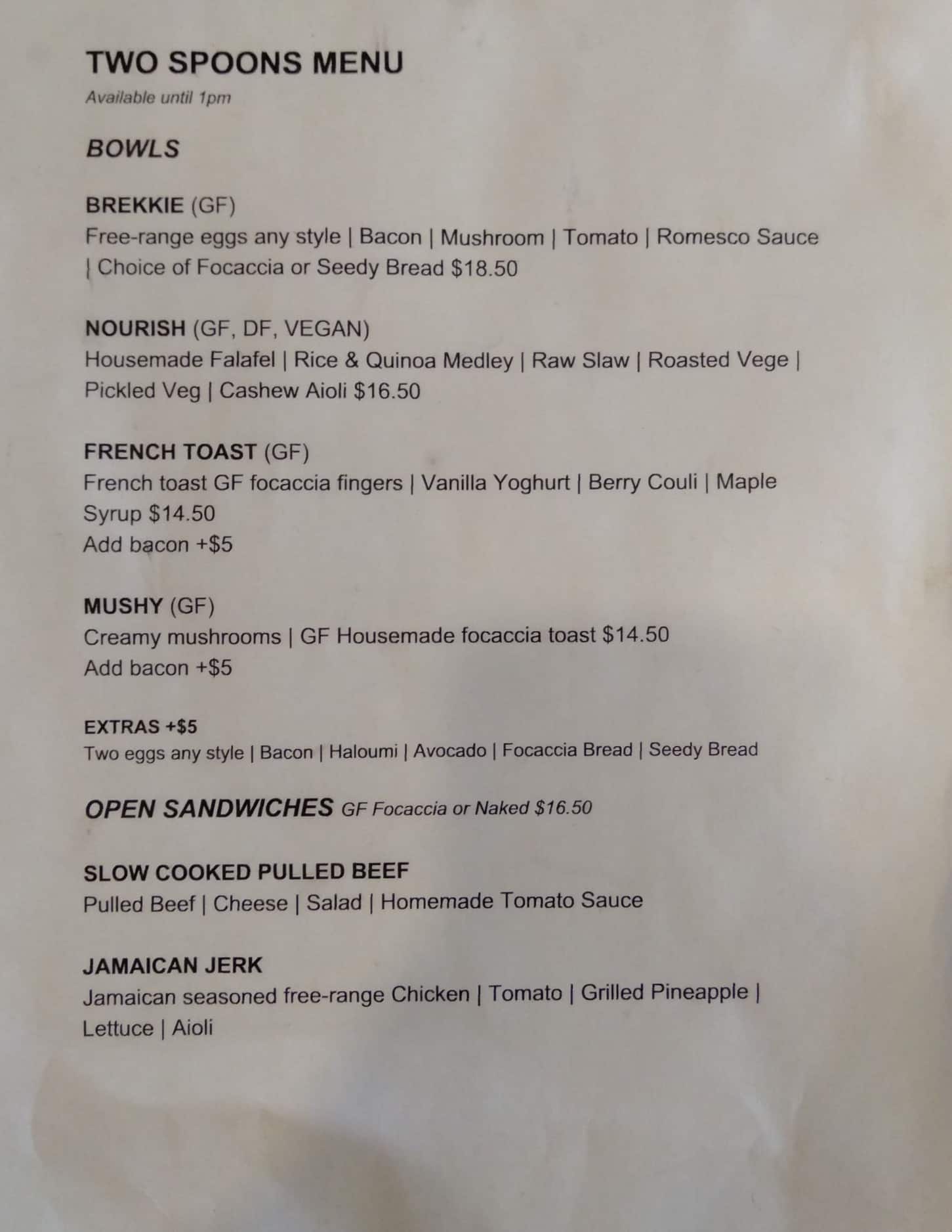 Menu at Two Spoons pub & bar, Whangaparaoa, 1 Wade River Rd