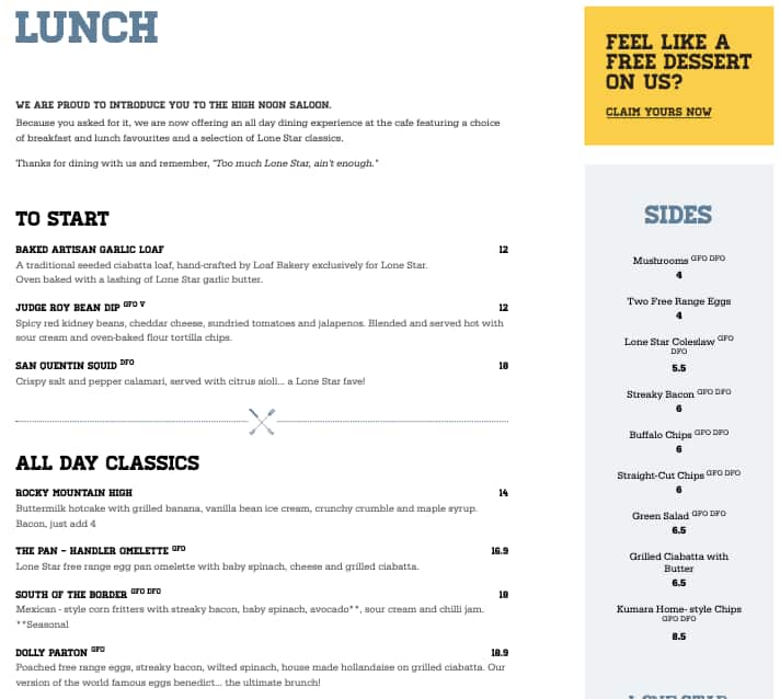 Menu at Lone Star steakhouse, Hamilton, 185 Victoria St