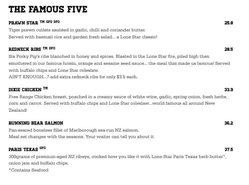 Menu at Lone Star steakhouse, Hamilton, 185 Victoria St