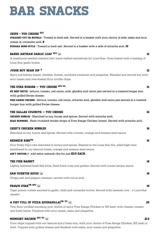 Menu at Lone Star steakhouse, Hamilton, 185 Victoria St