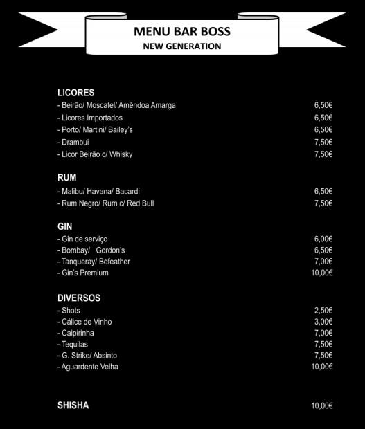 Menu at Bar Boss New Generation, Portugal