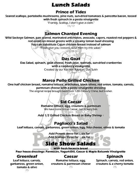 Menu at Pagliacci's steakhouse, Victoria