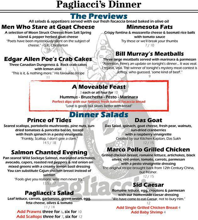 Menu at Pagliacci's steakhouse, Victoria