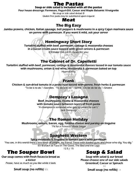 Menu at Pagliacci's steakhouse, Victoria