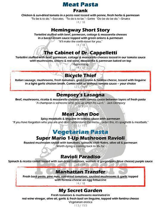 Menu at Pagliacci's steakhouse, Victoria