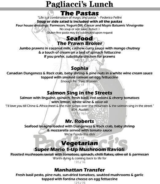 Menu at Pagliacci's steakhouse, Victoria