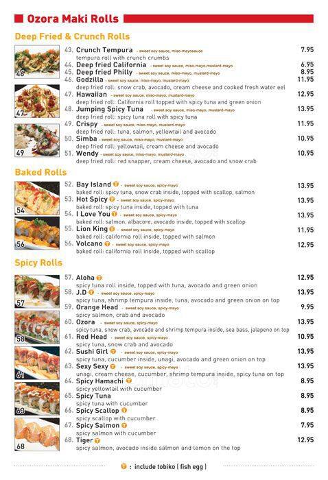 Menu at Ozora Sushi Restaurant, Concord