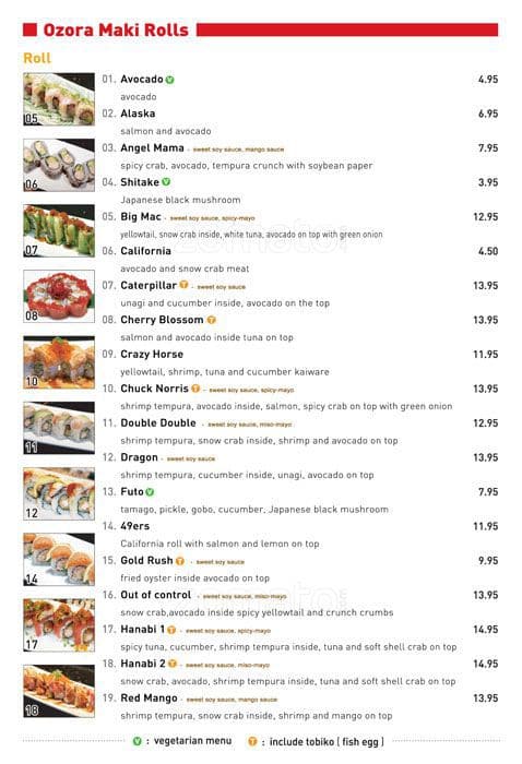 Menu at Ozora Sushi Restaurant, Concord