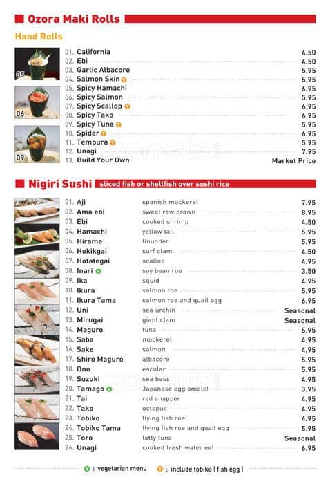 Menu at Ozora Sushi Restaurant, Concord
