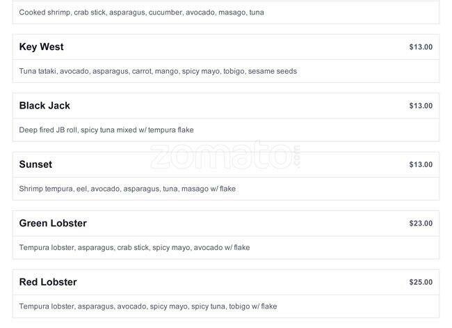 Menu at Shibui restaurant, Miami, 10101 SW 72nd St