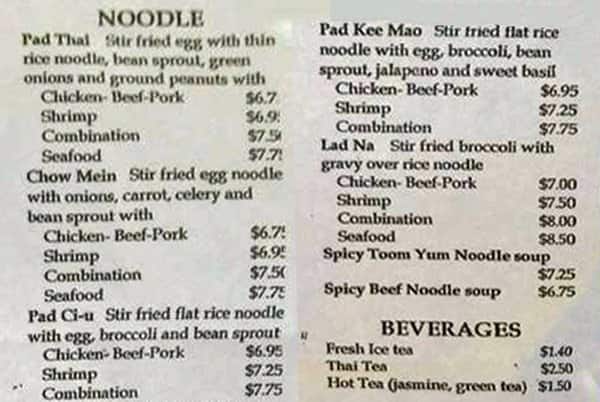 Menu at Thai Koon restaurant, Amarillo
