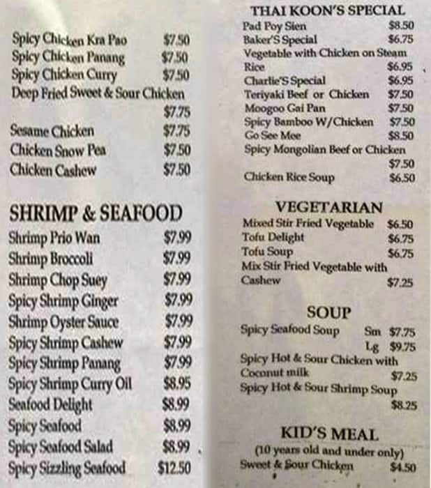 Menu at Thai Koon restaurant, Amarillo
