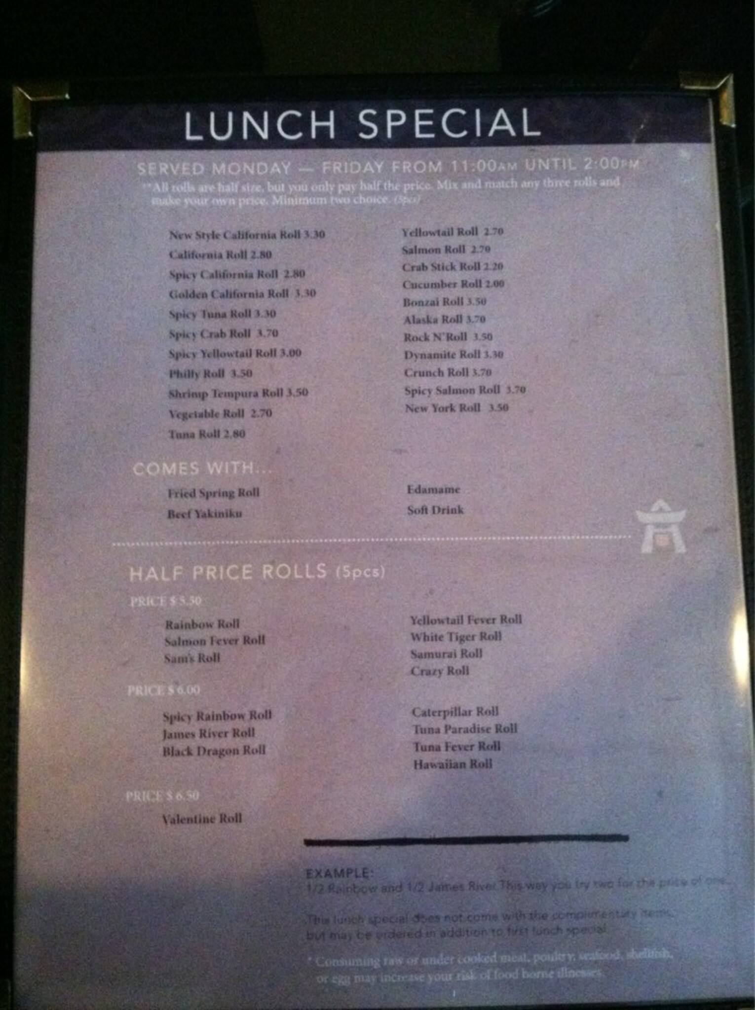 Menu at Mijuri restaurant, Springfield