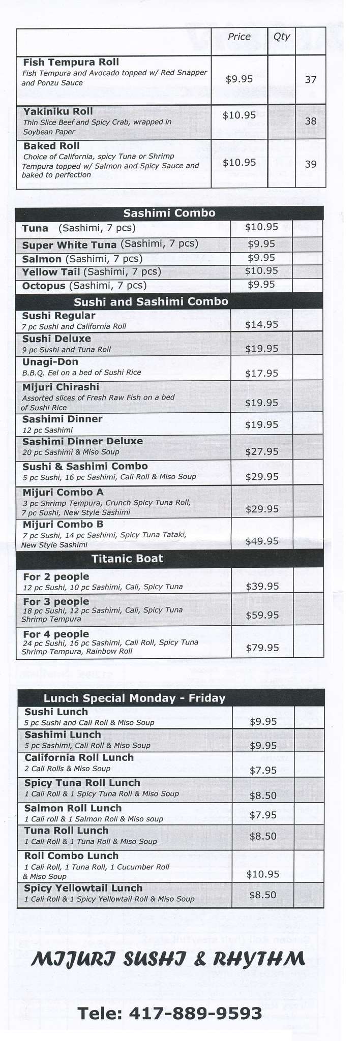 Menu at Mijuri restaurant, Springfield