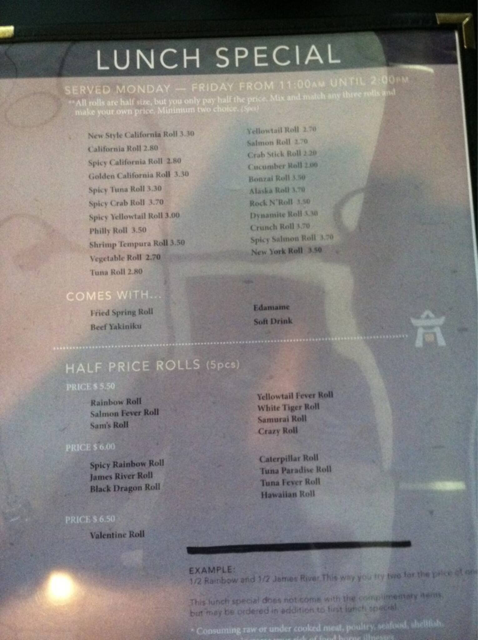 Menu at Mijuri restaurant, Springfield