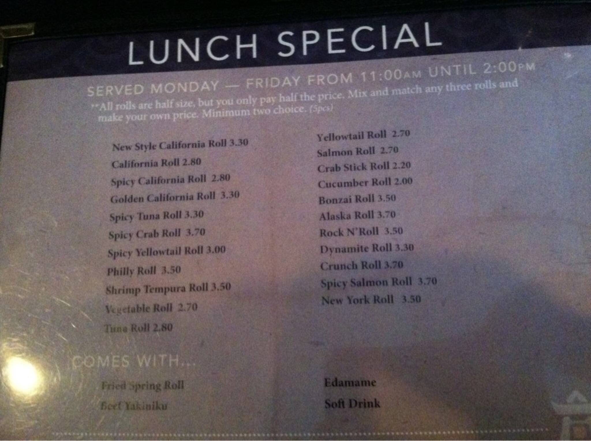 Menu at Mijuri restaurant, Springfield