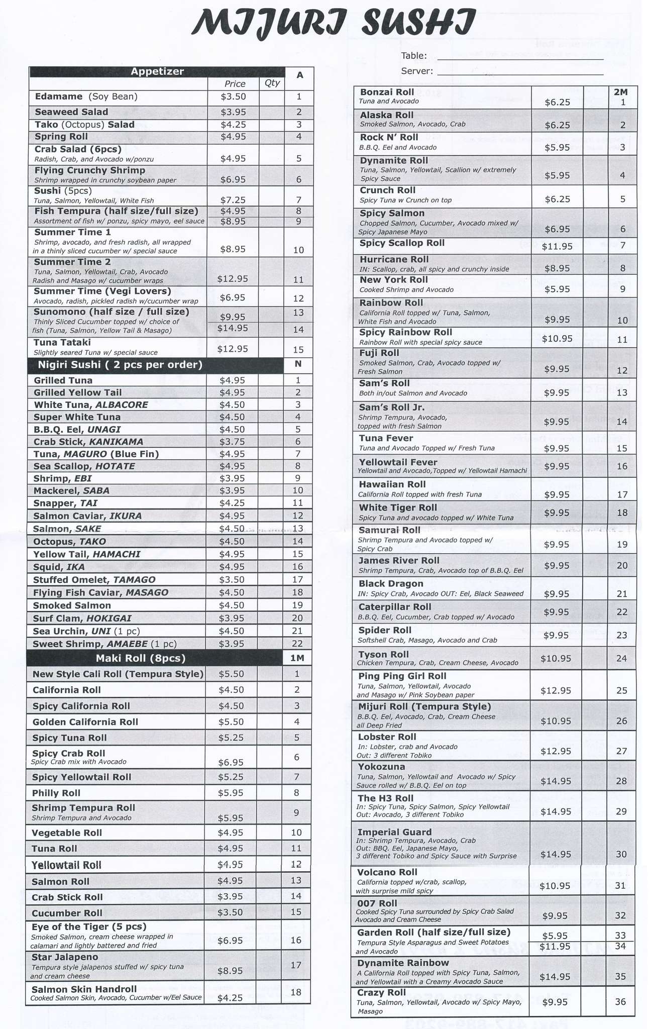 Menu at Mijuri restaurant, Springfield