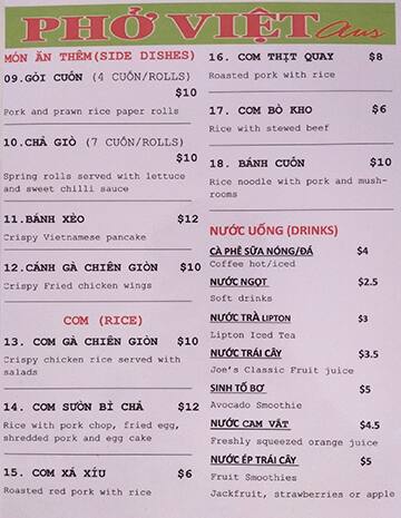 Menu at Pho Viet, Springvale