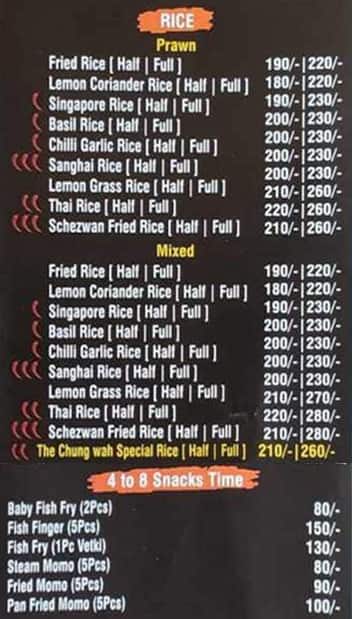 Menu at The chung Wah, Howrah