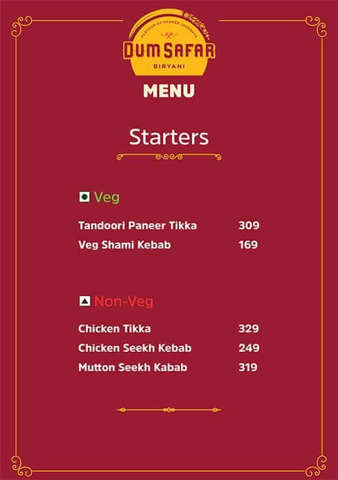 Menu of Dum Safar Biryani, Kompally, Hyderabad