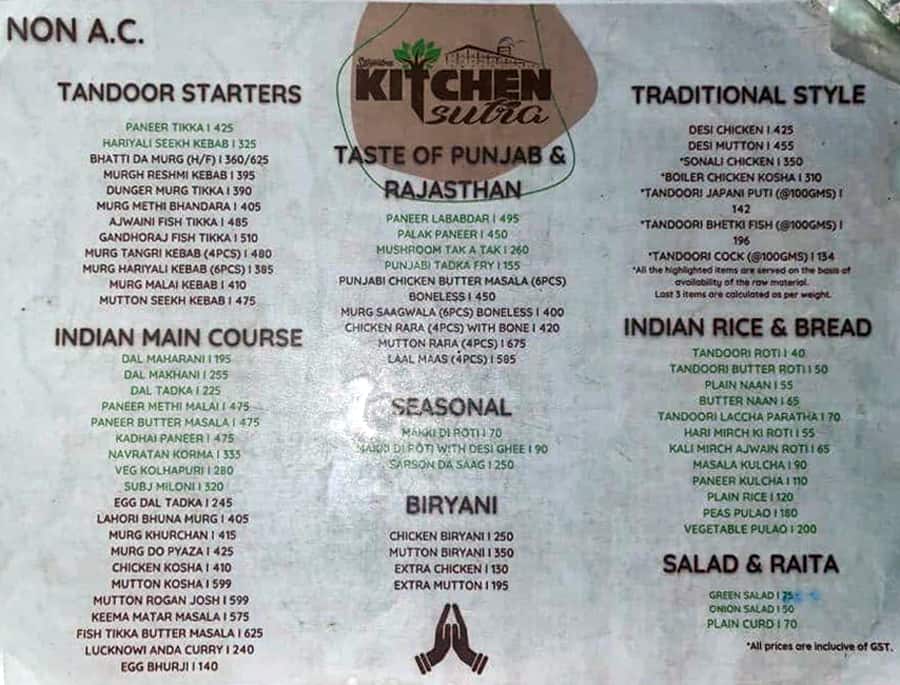 Menu of Kitchen Sutra, Chandannagar, Kolkata