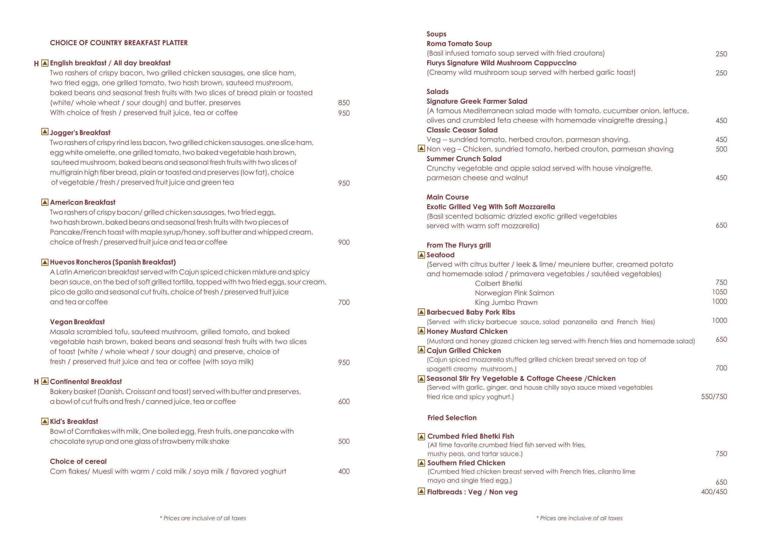 Menu of Flurys, Serampore, Kolkata
