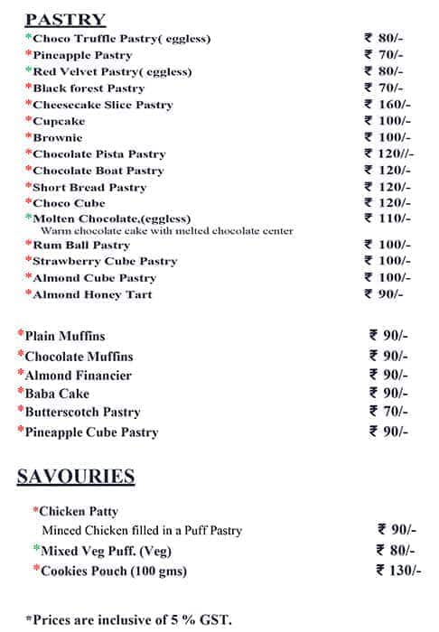 Menu of Flurys, Kasba, Kolkata