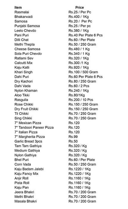 Menu of Jagdish Foods, Karelibaug, Vadodara