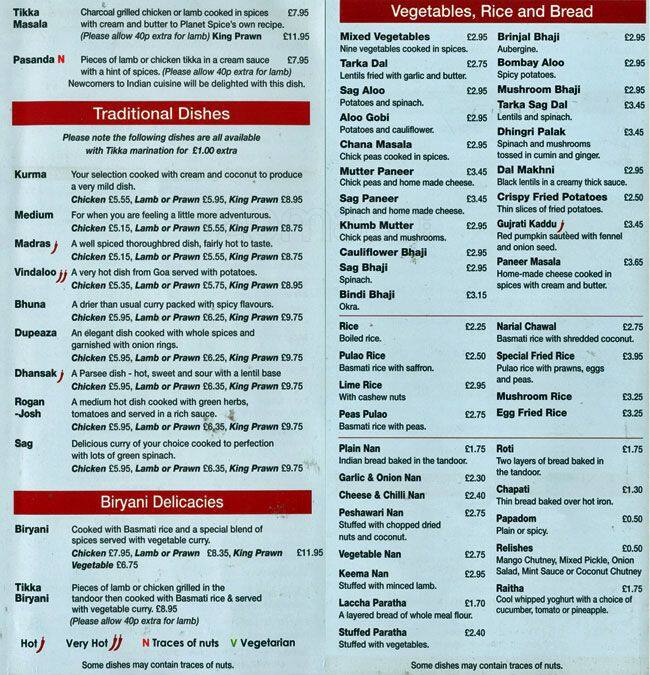Menu at Planet Spice restaurant, South Croydon, 88 Selsdon Park Rd