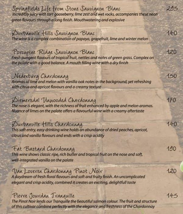 Menu at Cubana pub & bar, Cape Town, 3 Marine Circle