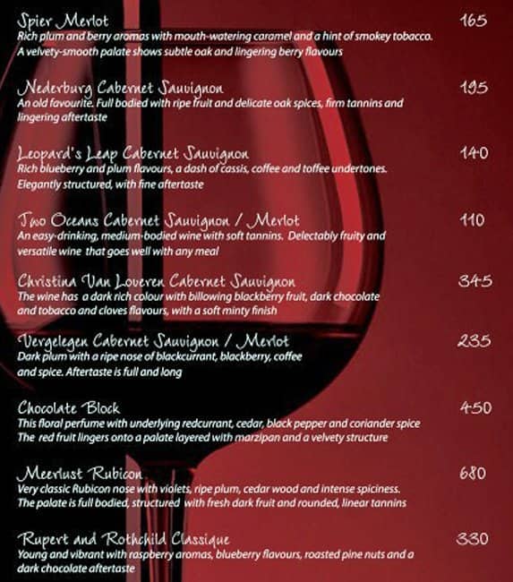 Menu at Cubana pub & bar, Cape Town, 3 Marine Circle
