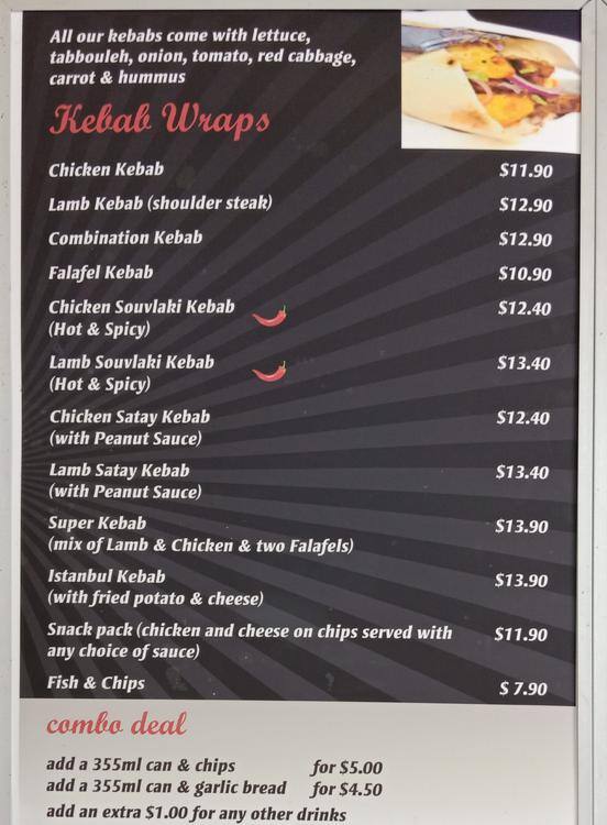 Menu at Kebab Serai restaurant, Auckland, 188 Kitchener