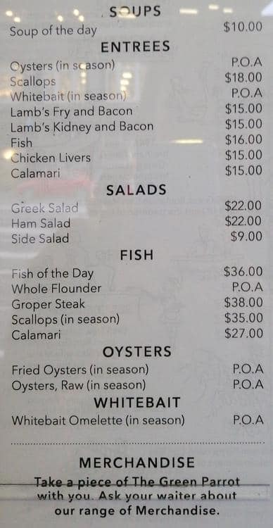 Menu at The Green Parrot Cafe, Wellington, 16 Taranaki St