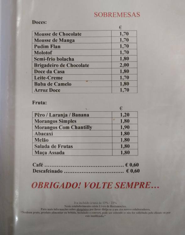 Menu em Os Tres Forasteiros-Soc. Comercial Alimentar,Cafetaria,Snack ...