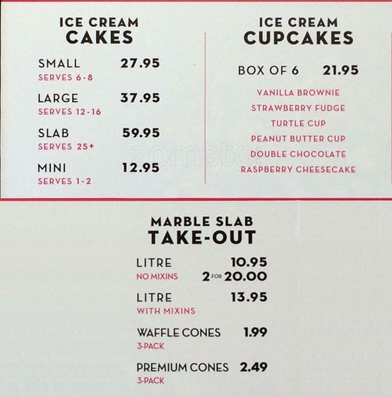Menu at Marble Slab Creamery desserts, Oakville, 155 Lakeshore Rd E