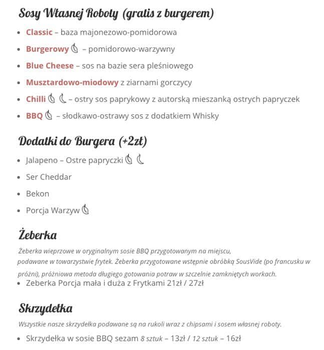 Menu at Burger Slow Food restaurant, Warsaw