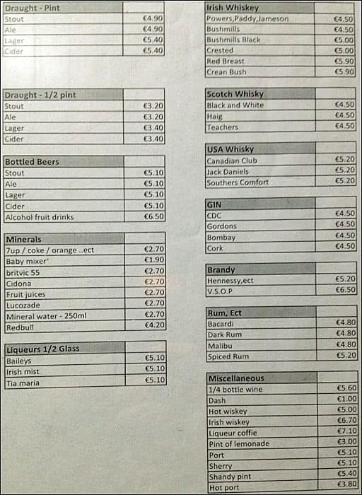 Menu at Grogan's Castle Lounge pub & bar, Dublin