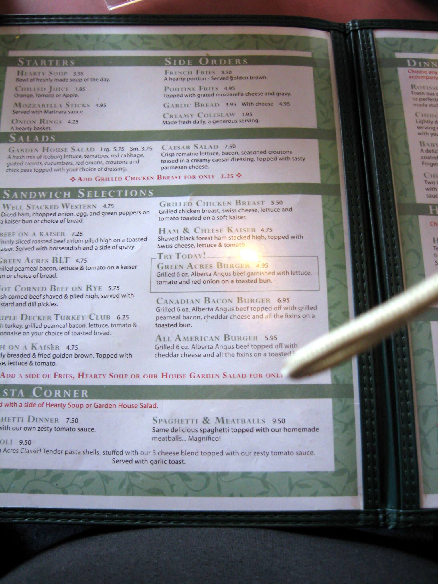 Menu at Green Acres Family Restaurant, Fort Erie