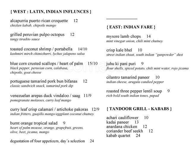 Menu at Vermilion restaurant, Chicago