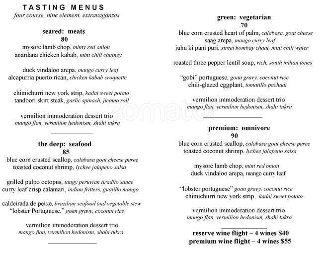 Menu at Vermilion restaurant, Chicago