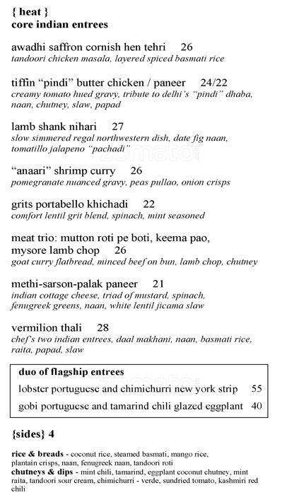 Menu at Vermilion restaurant, Chicago