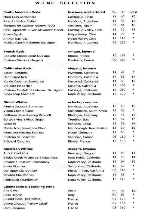 Menu at Vermilion restaurant, Chicago