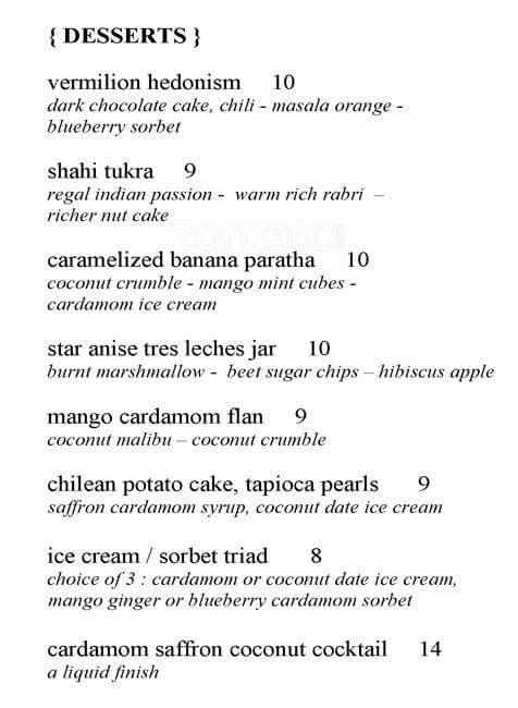 Menu at Vermilion restaurant, Chicago