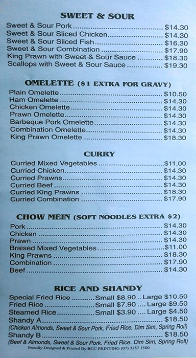 Menu at Sunshine Chinese Restaurant, Ormiston