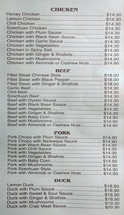Menu at Sunshine Chinese Restaurant, Ormiston