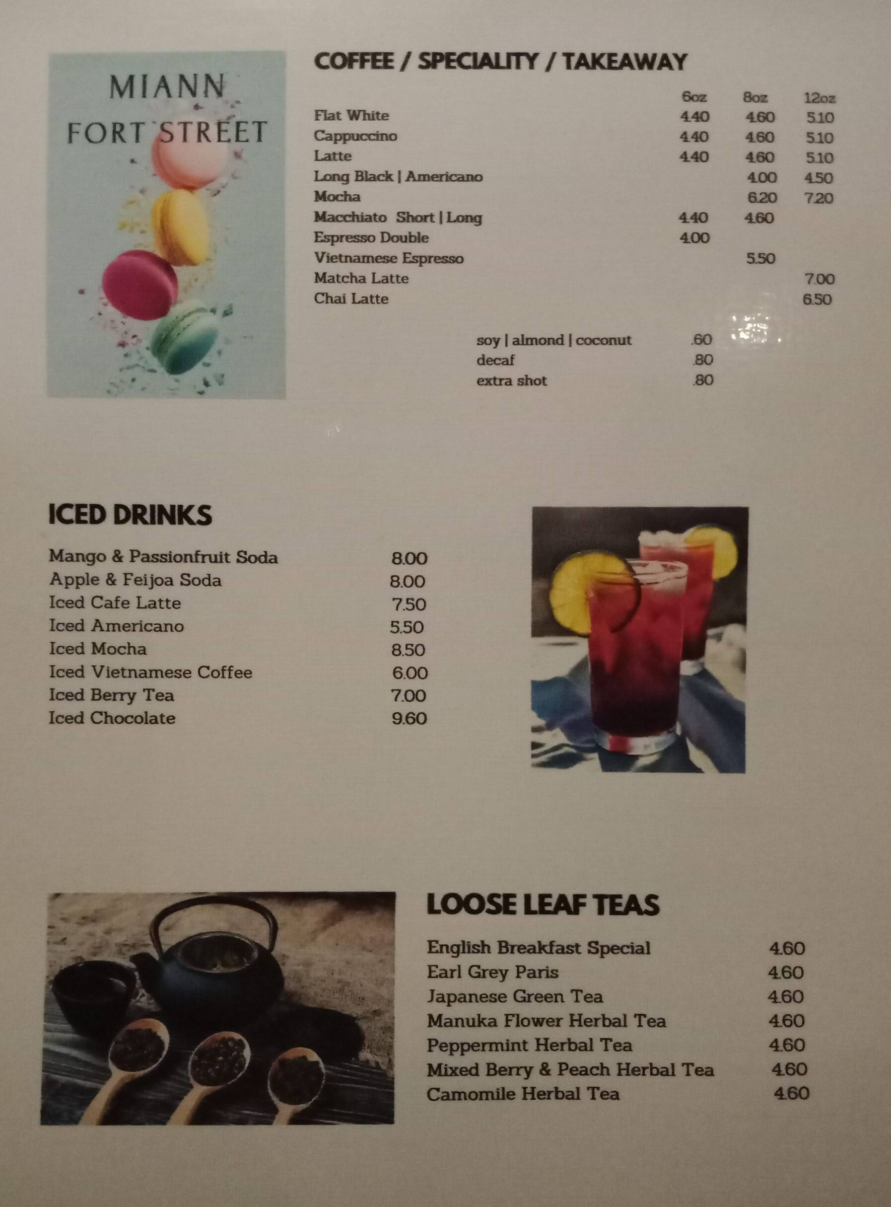 Menu at Miann Britomart desserts, Auckland, Ground Arthur Nathan Building