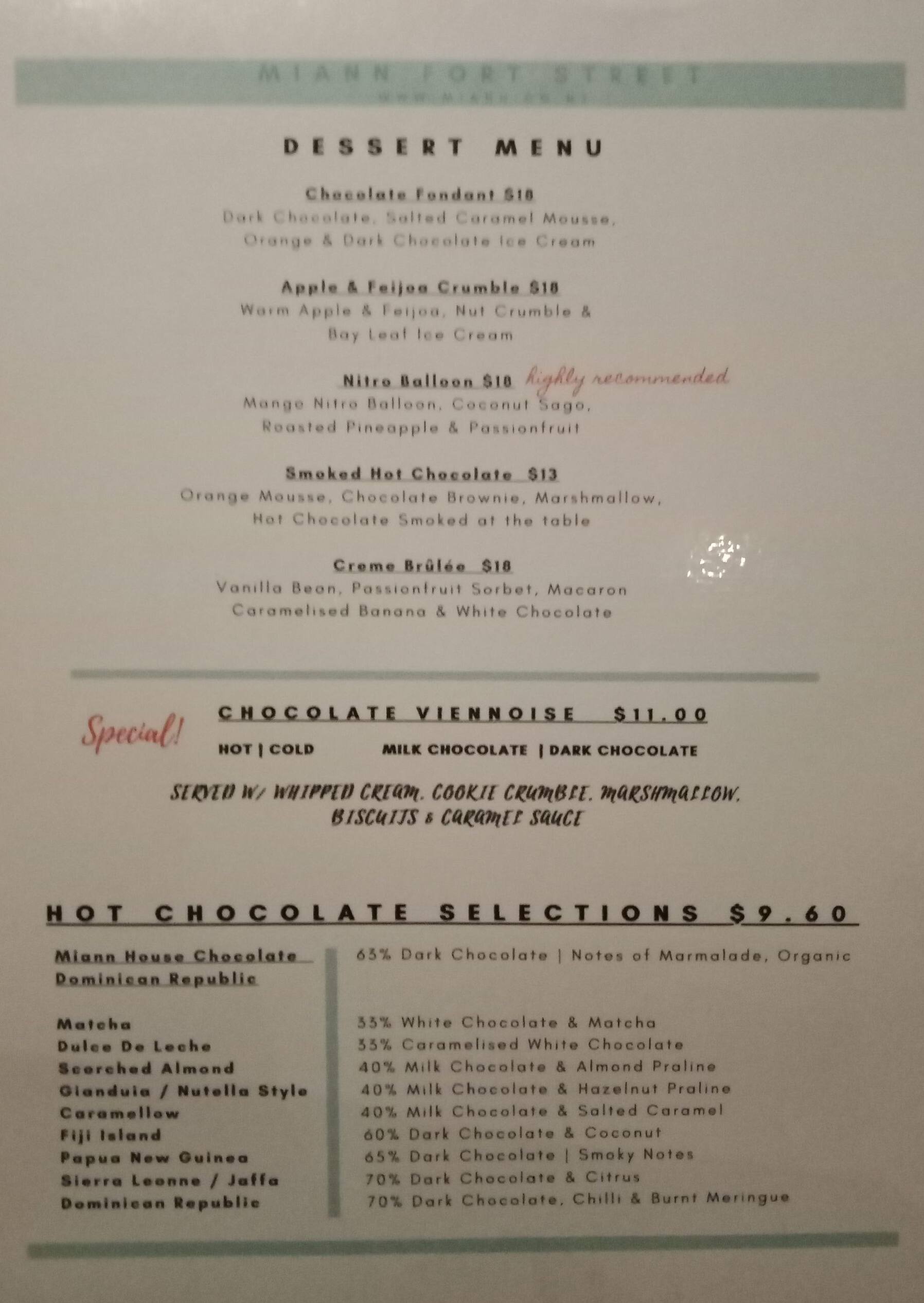 Menu at Miann Britomart desserts, Auckland, Ground Arthur Nathan Building